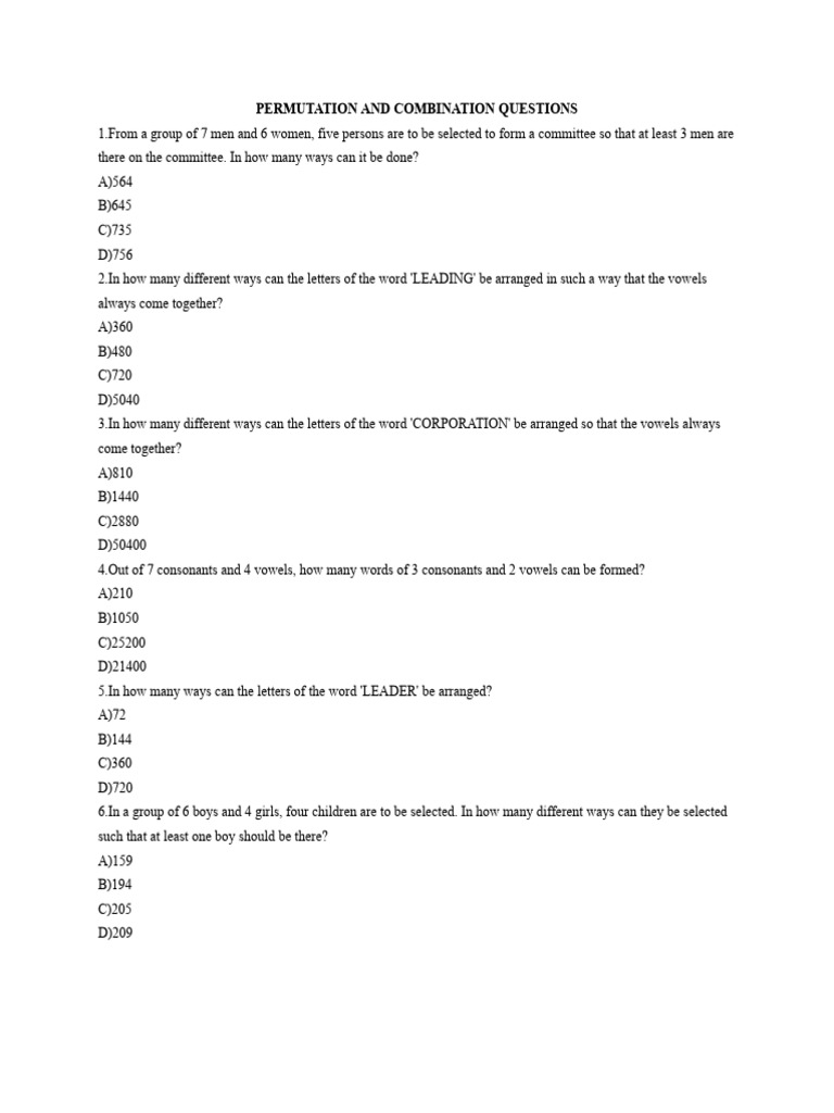 Permutation and Combination Questions | PDF