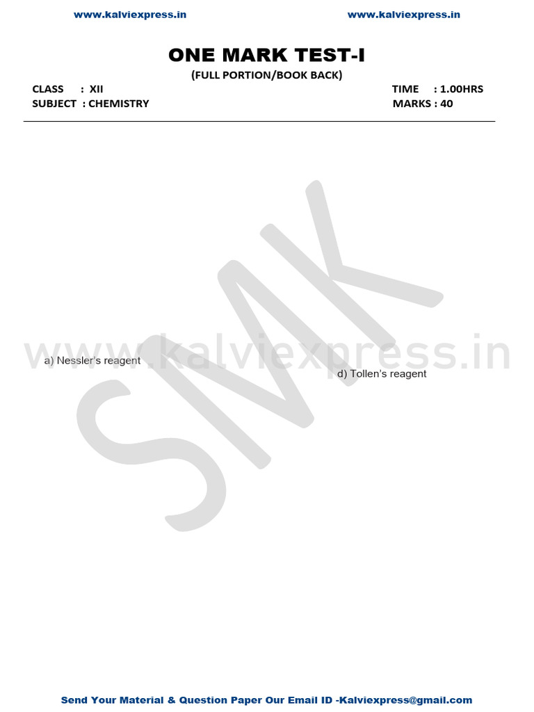 Chemistry One Mark Test for Class XII | PDF | Chemical Reactions ...