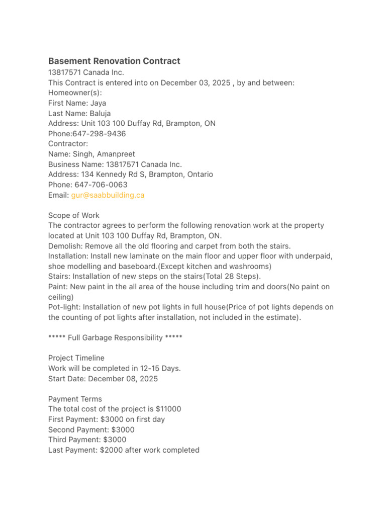 Basement Renovation Contract 2 | PDF