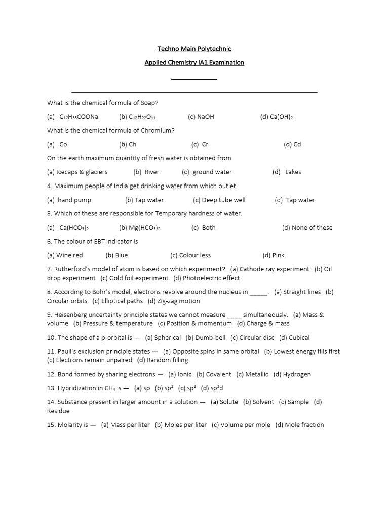 Diploma Chemistry IA1 Exam | PDF | Chemical Bond | Water