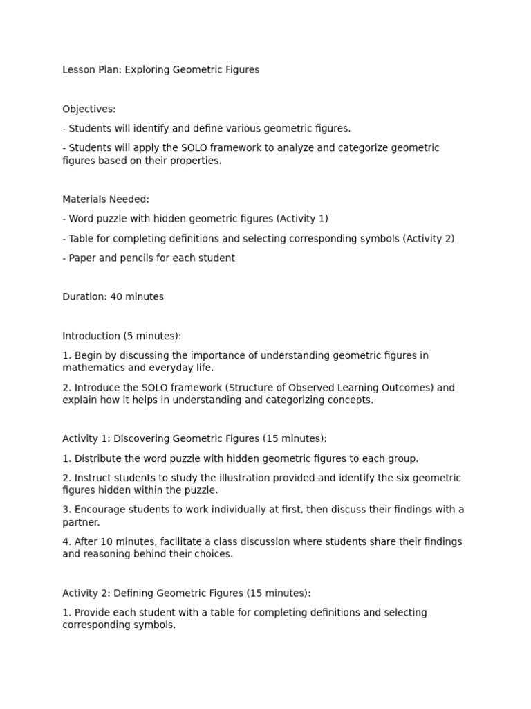 Geometric Figures Lesson Plan | PDF | Lesson Plan | Mathematics