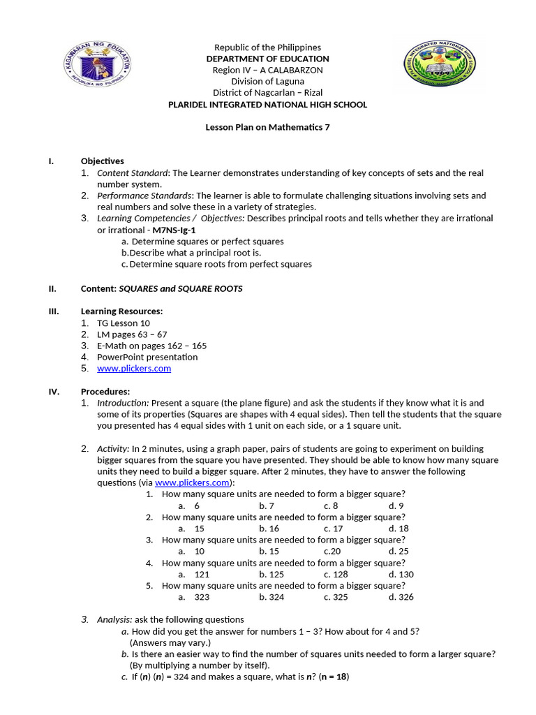 Mathematics 7 Lesson Plan: Squares & Roots | PDF | Square Root ...