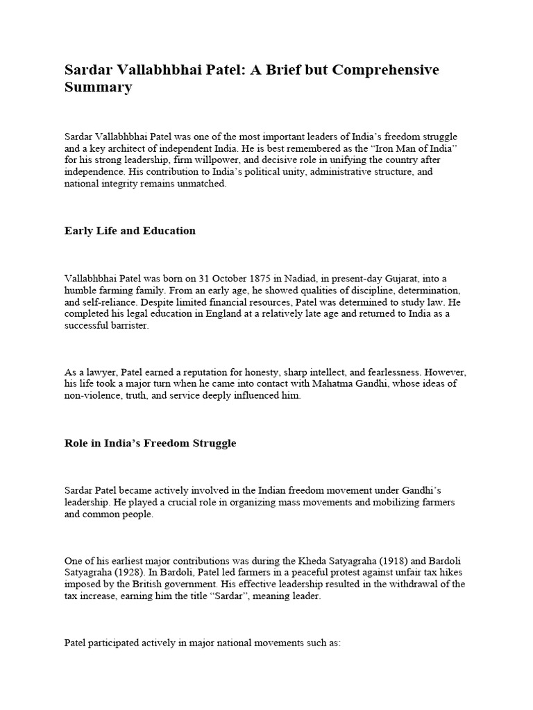 Sardar patel summary | PDF
