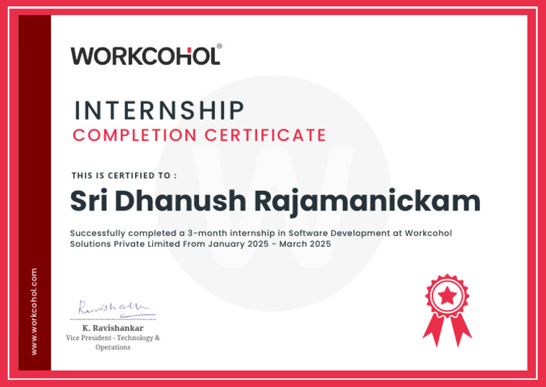 Sri Dhanush Rajamanickam - Internship Completion Certificate | PDF
