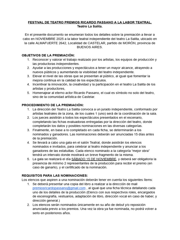 Premios Ricardo Passano A La Labor Teatral | PDF | Teatro