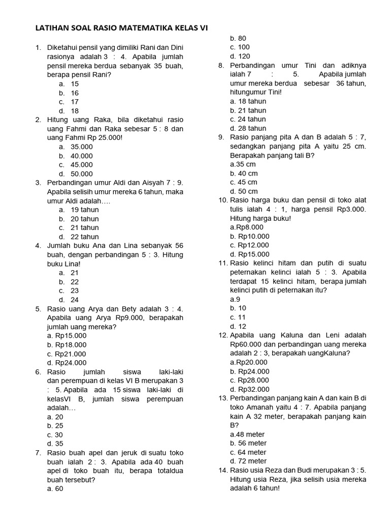 Latihan Soal Rasio Matematika Kelas VI | PDF