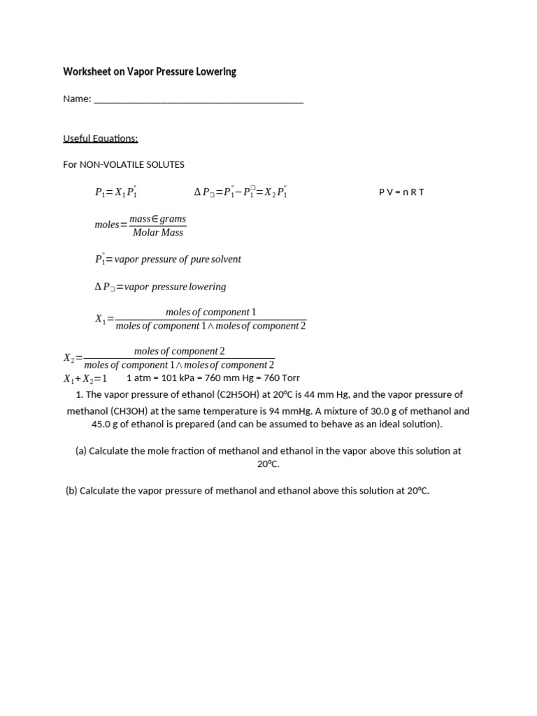 Vapor Pressure Lowering Worksheet | PDF | Ethanol | Chemistry