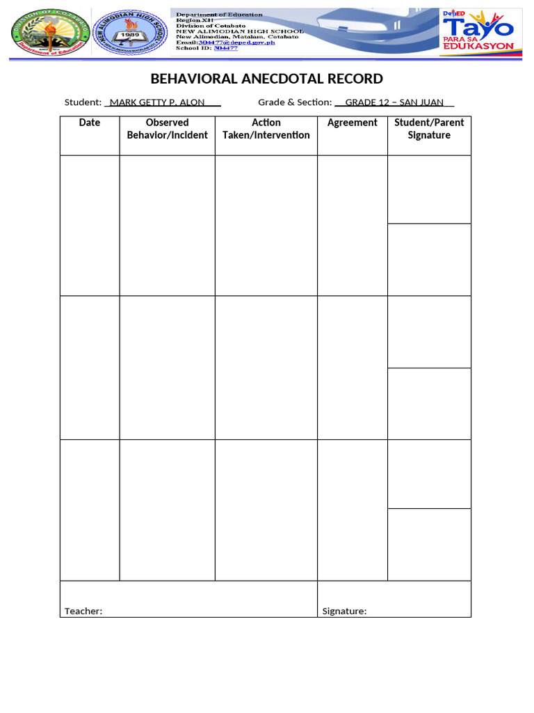 Behavioral Incident Record for Students | PDF