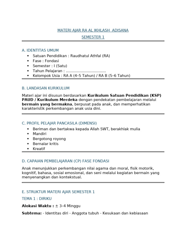 Materi Ajar Ksp Semester 1 Ra | PDF