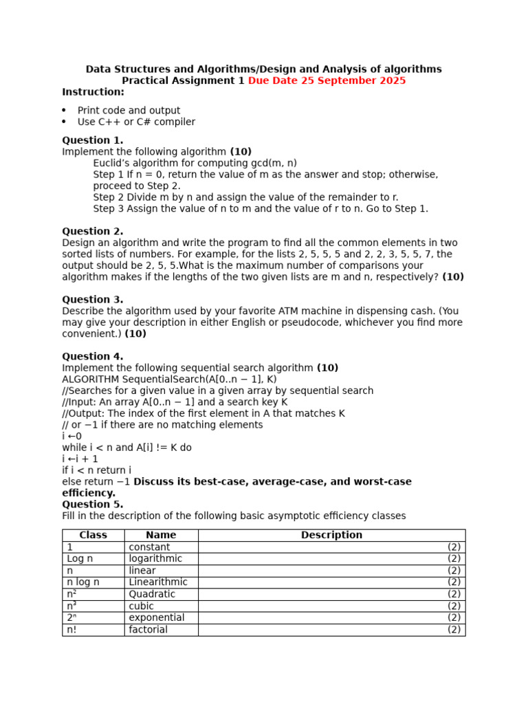 Data Structures and Algorithms Practical 1 | PDF | Algorithms ...