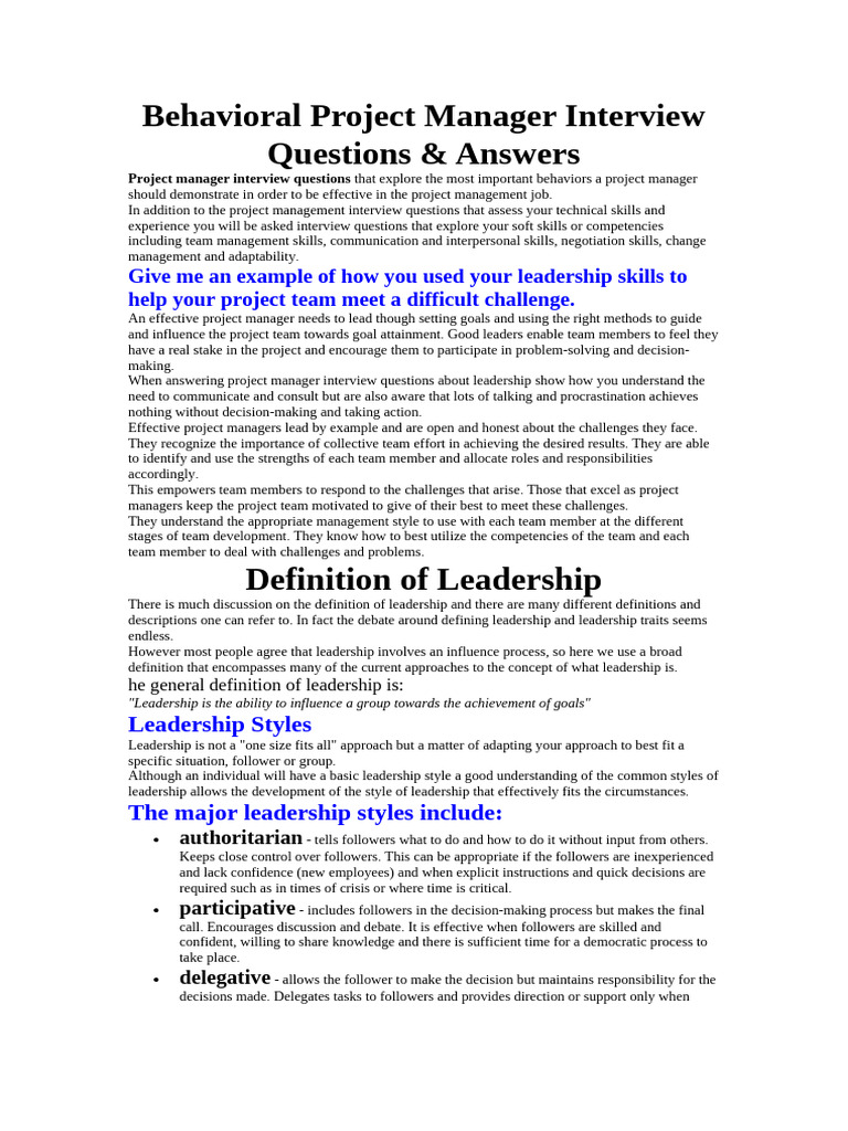 Behavioral Project Manager Interview Questions | PDF | Leadership | Job ...