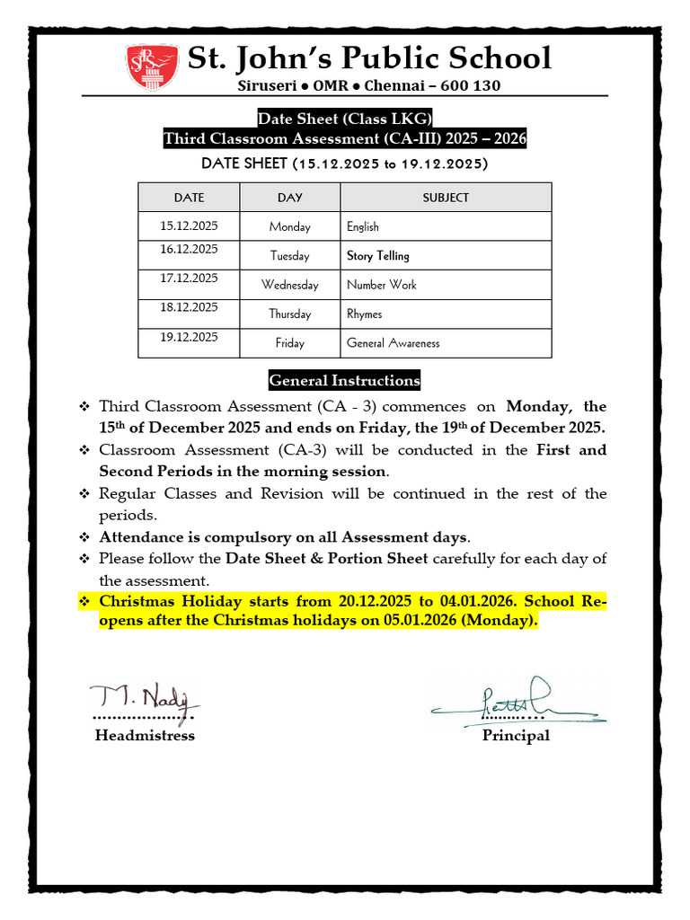 LKG CA3 - 2025-26 Timetable | PDF