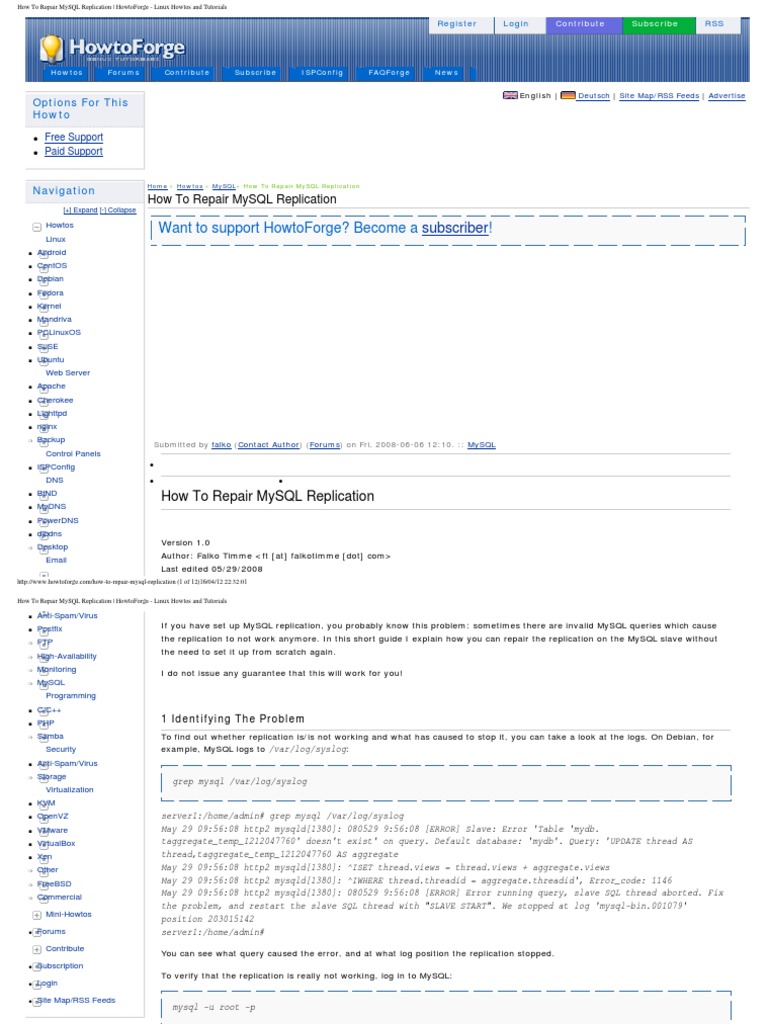 How To Repair MySQL Replication - HowtoForge - Linux Howtos and Tutorials | PDF | My Sql | Linux