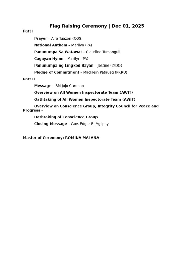 Flag Raising Ceremony Agenda - Dec 2025 | PDF