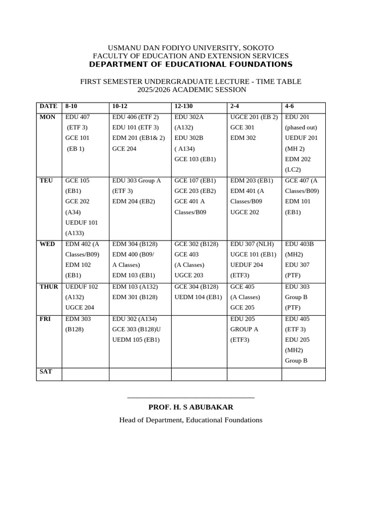 Lecture Time Table 1st Sem 2025 2026 | PDF