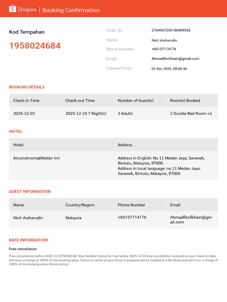 Hotel Booking Confirmation Details | PDF