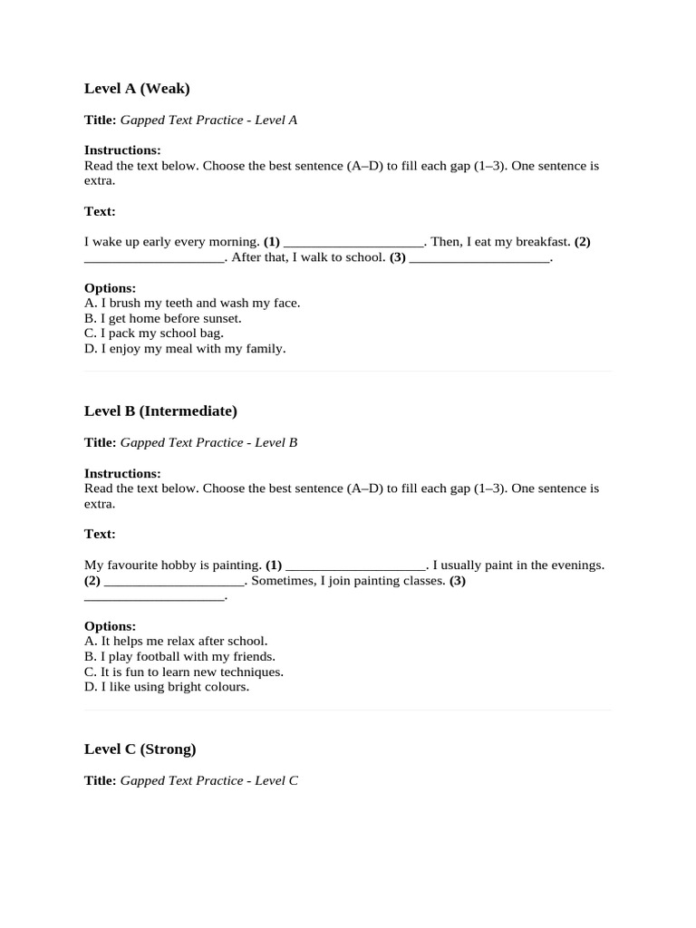 Gapped Text Practice for ESL Levels | PDF