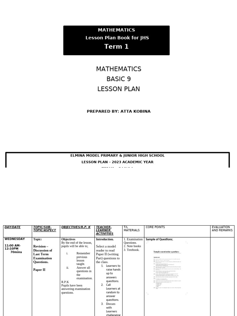 Basic 9 Mathematics Lesson Plan | PDF | Lesson Plan | Numbers