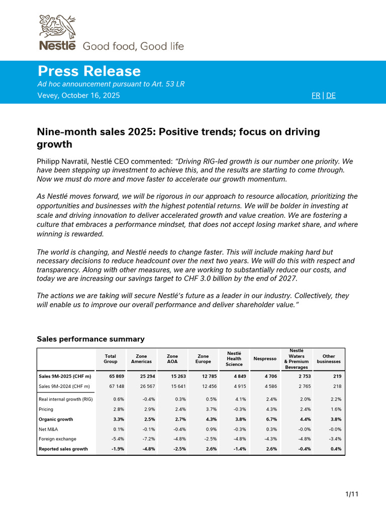 Nine Month Sales Press Release 2025 En | PDF | Nestlé | Economies