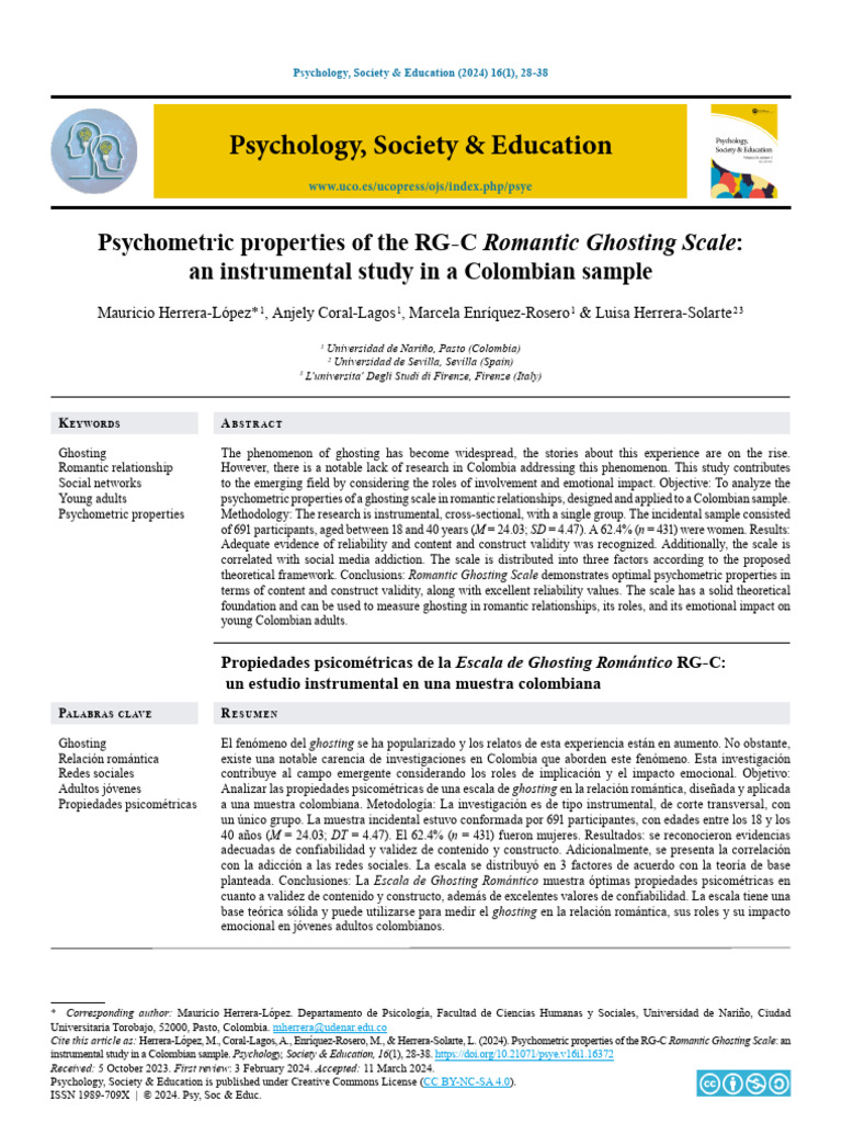 Psychometric Study of Ghosting Scale in Colombia | PDF | Psychometrics ...