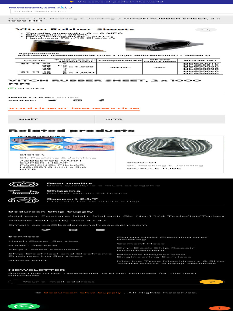 Impa Code811145 VITON RUBBER SHEET, 2 x 1000 MM - Bodursan Ship Supply ...