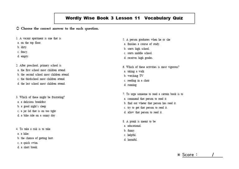 Wordly Wise Book 3 Lesson 11 Vocaubulary Quiz | PDF