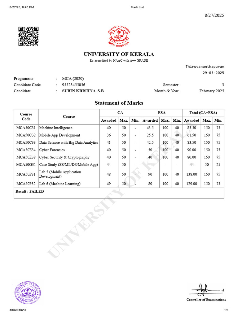 Mark List s3 Subin | PDF | Information Technology | Computing