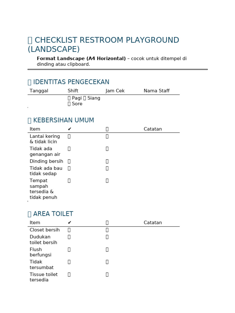 Checklist Kebersihan Toilet Playground | PDF