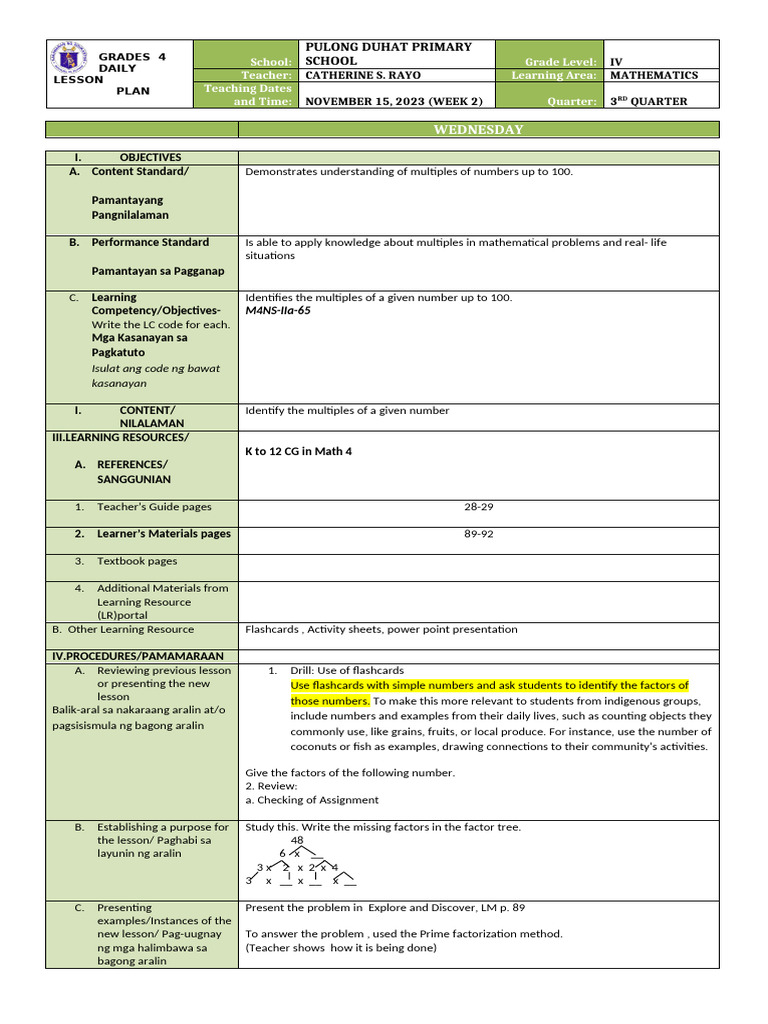 Hervie DLP Mathematics-4 q2 w2 Cot | PDF | Learning