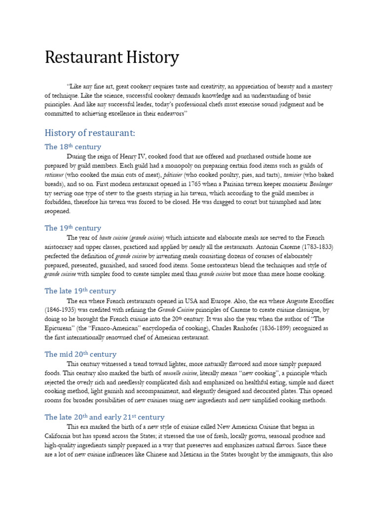 Evolution of Restaurant Cuisine History | PDF | Kitchen | Restaurants