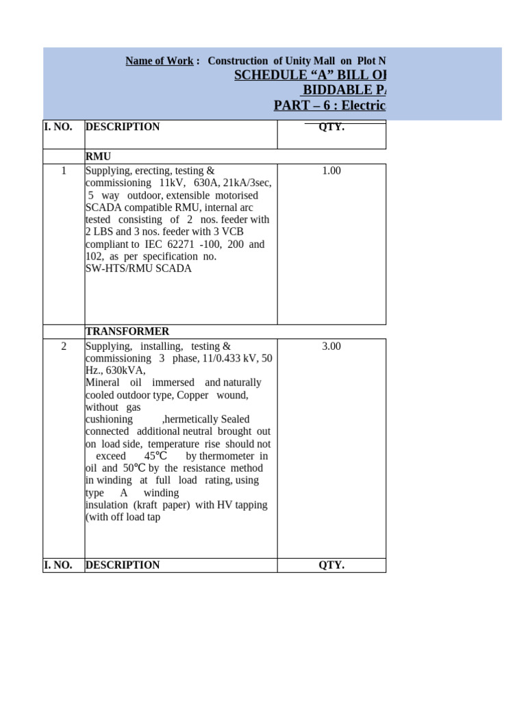 Electrical Works Bill of Quantities | PDF | Transformer | Electrical Wiring