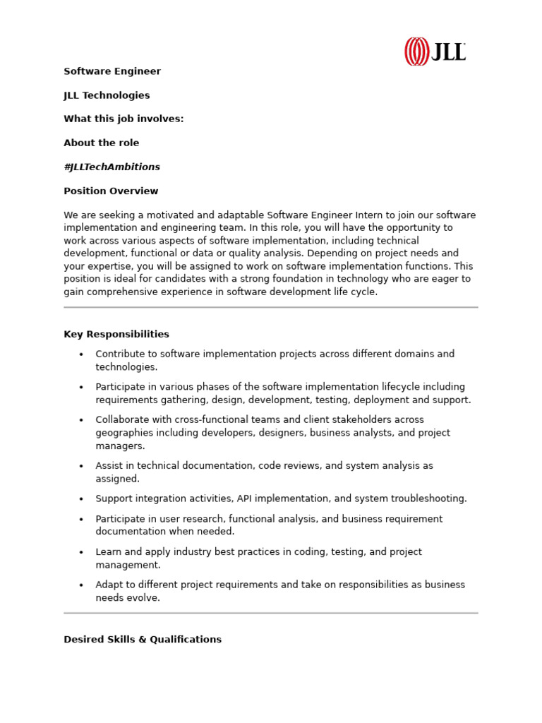 Software Engineer Intern Position at JLL | PDF | Software Development ...