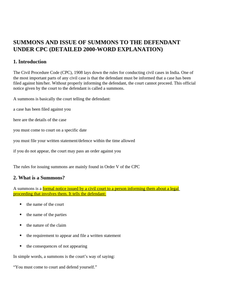SUMMONS AND ISSUE OF SUMMONS TO THE DEFENDANT UNDER CPC | PDF | Summons ...