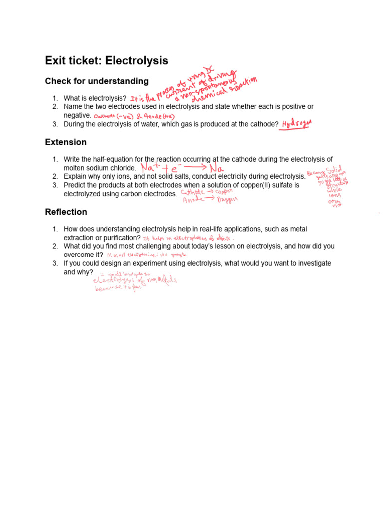 Exit Ticket_ Electrolysis - Google Docs | PDF