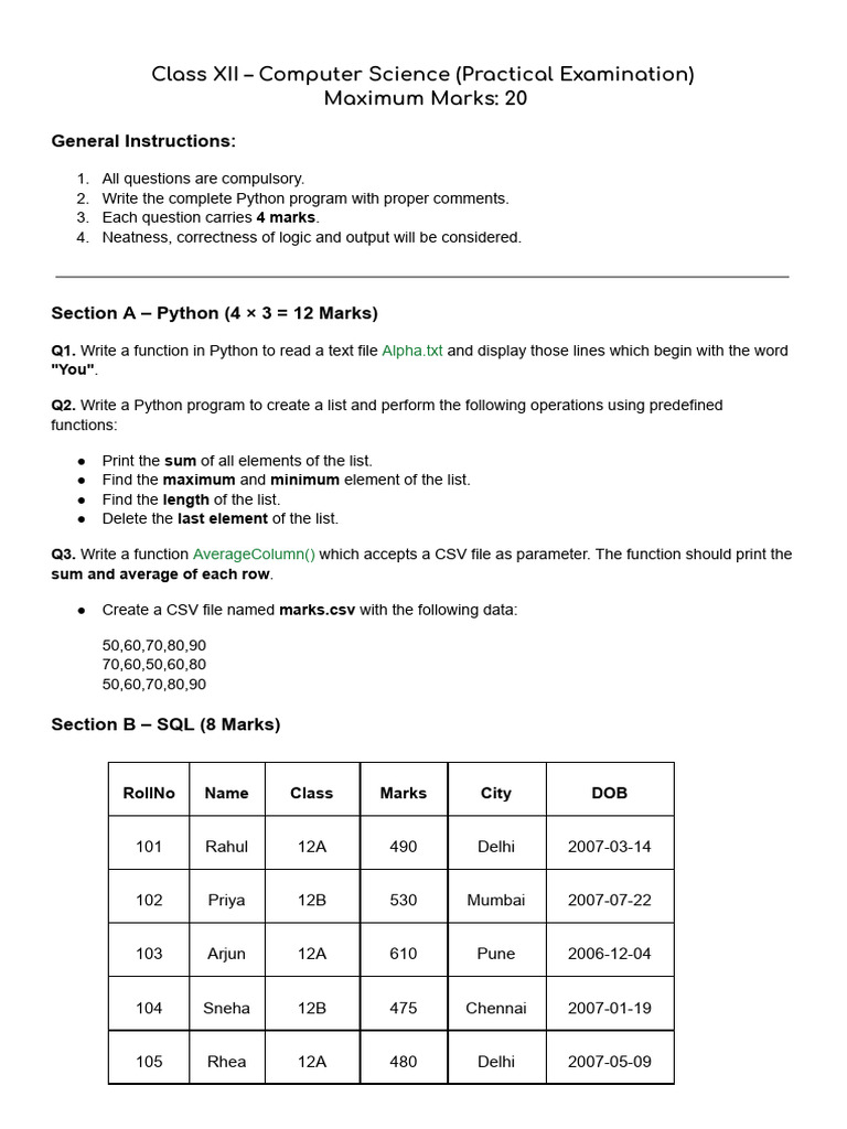 Class XII Computer Science Practical Guide | PDF | Databases | Data ...