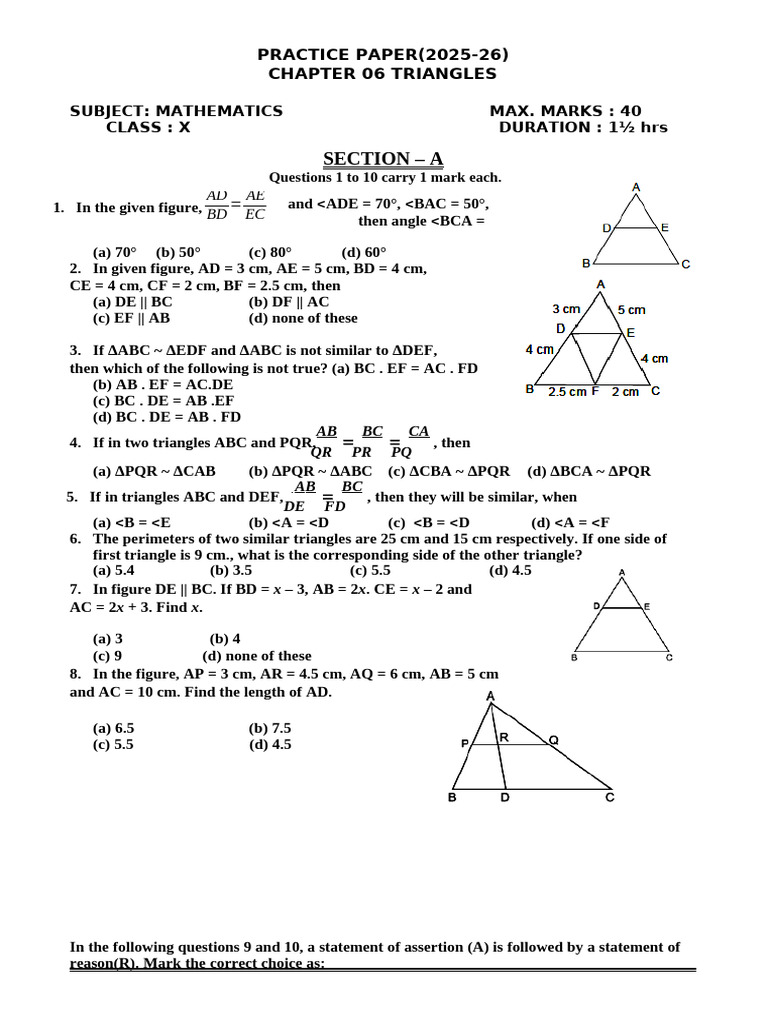 Class X Mathematics Practice Paper: Triangles | PDF | Mathematics