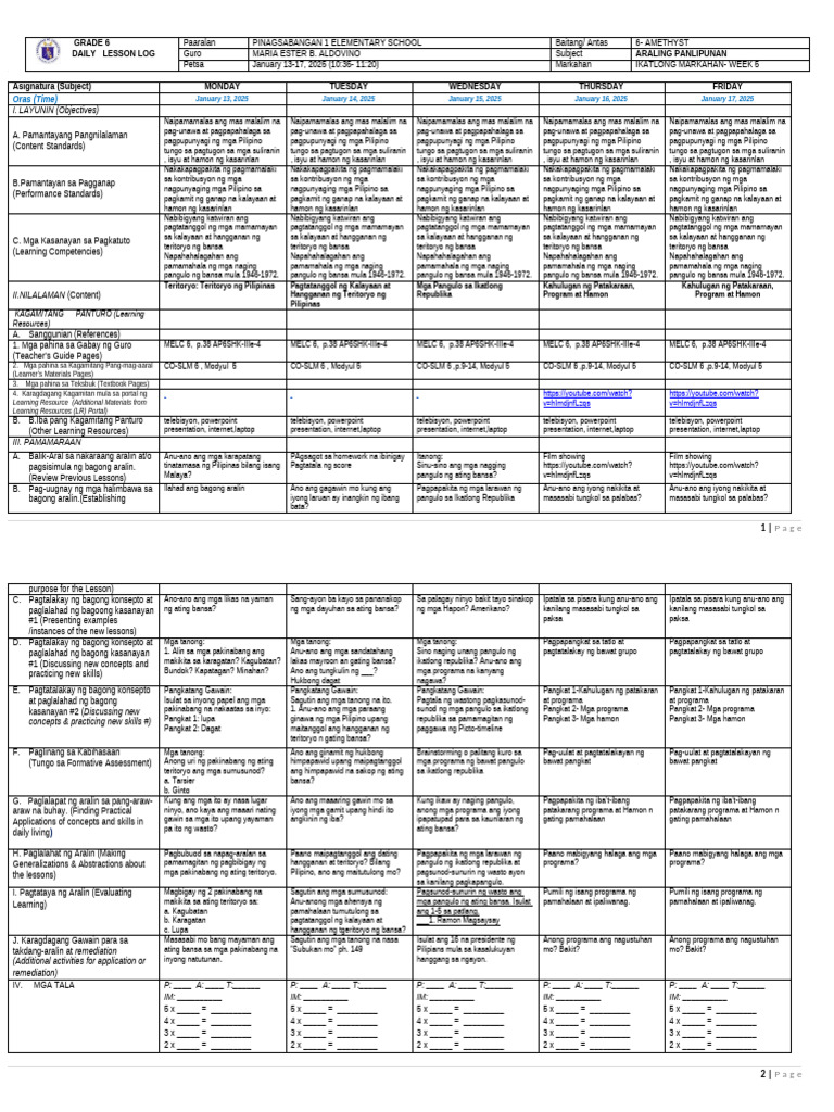 AP DLL g6 q3 Week 5 Jan 13-17 | PDF