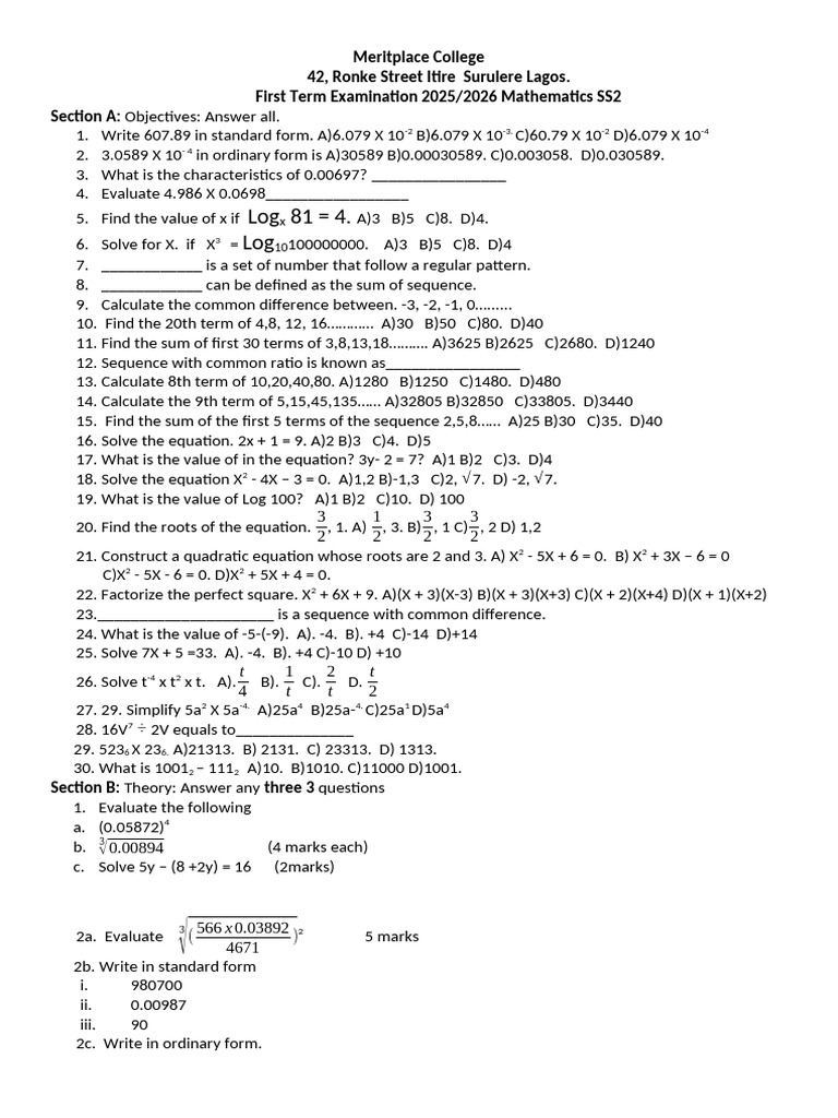 SS2 Math First Term 25 - 26 | PDF | Quadratic Equation | Square Root