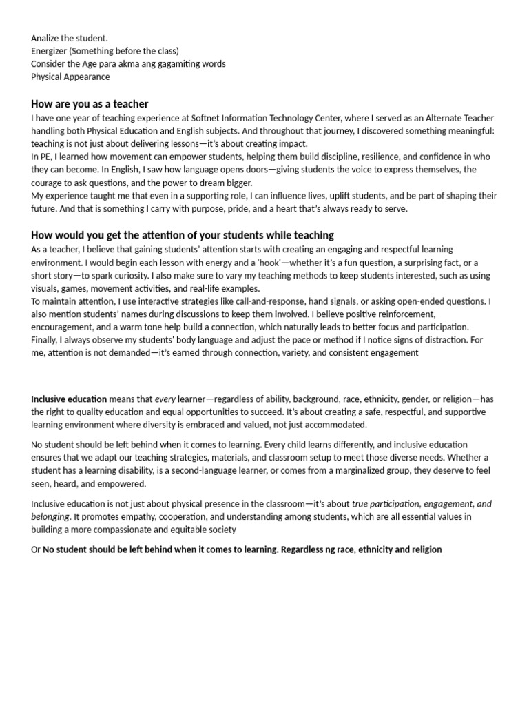 Script for Interview | PDF | Inclusion (Education) | Learning