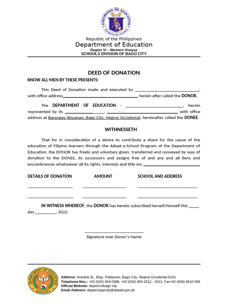 Deed of Donation for Education Bago City | PDF