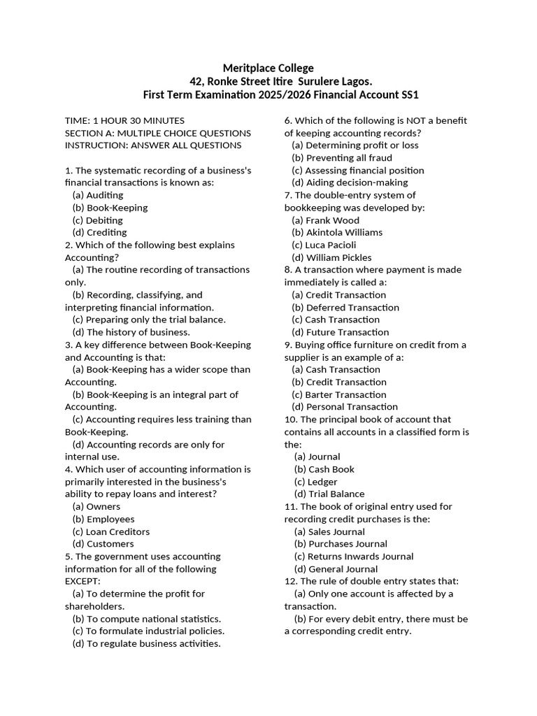 SS1 ACCOUNT | PDF | Debits And Credits | Bookkeeping