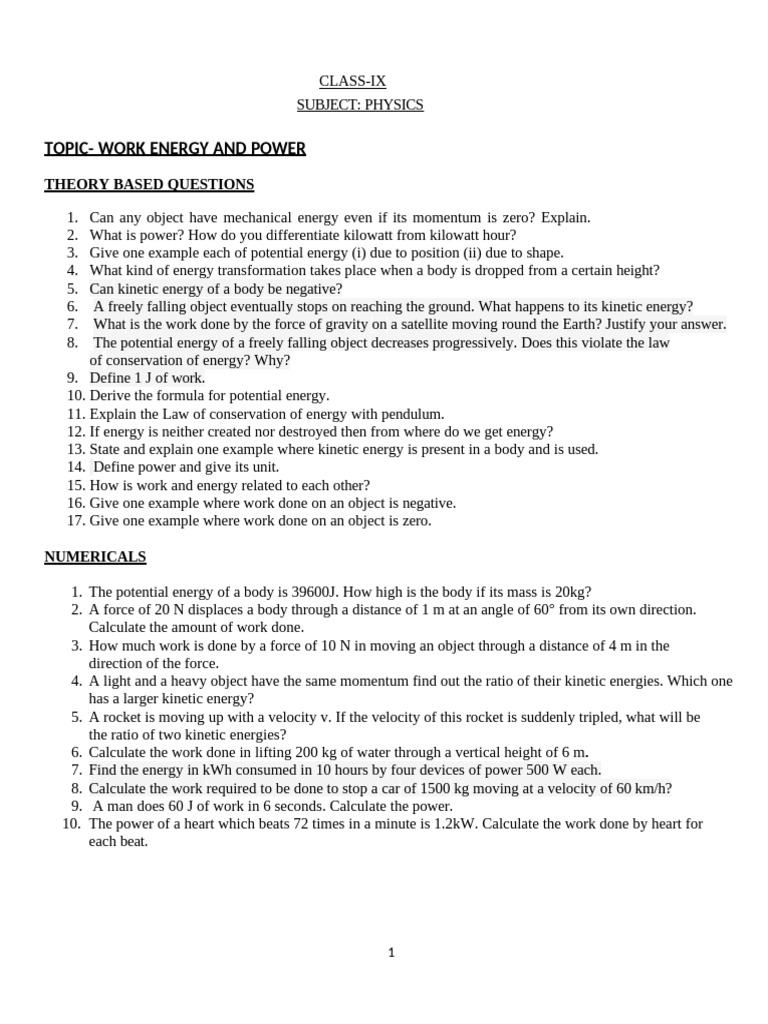 Class IX Physics: Work, Energy & Power | PDF | Sound | Potential Energy