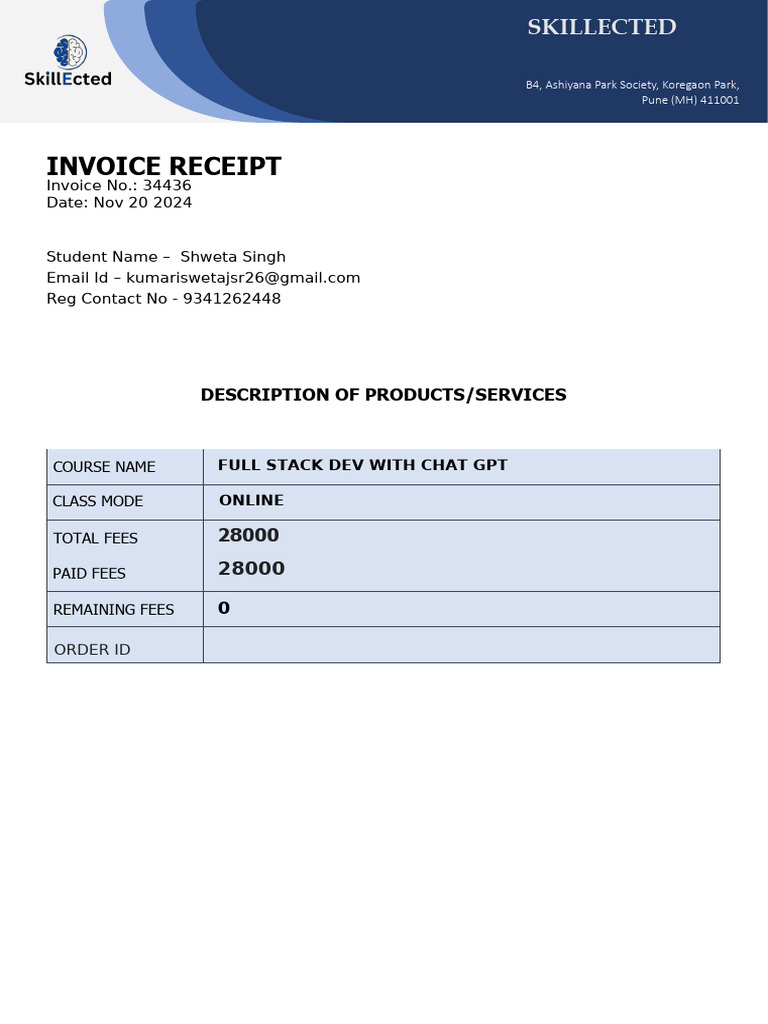 Invoice Receipt for Full Stack Dev Course | PDF