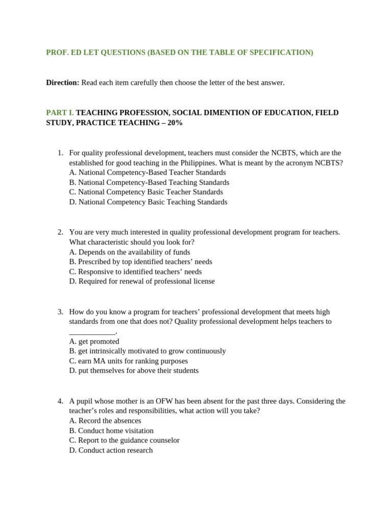 Ed Let Questions for Teacher Development | PDF | Educational Assessment ...
