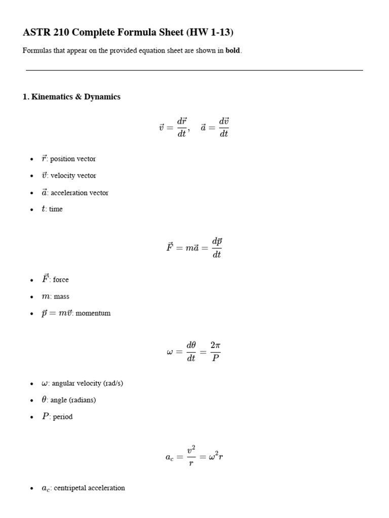ASTR210 Complete Formula Sheet - MD | PDF | Minute And Second Of Arc ...