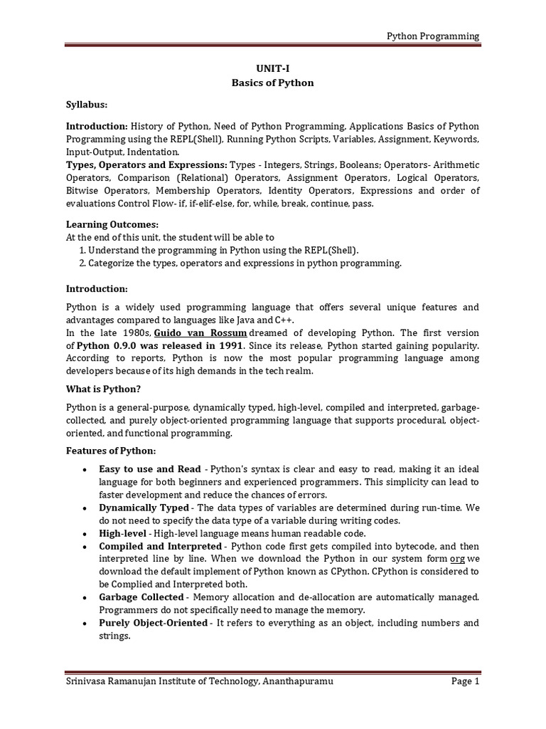 Unit-I Basics of Python | PDF | Python (Programming Language) | Boolean Data Type