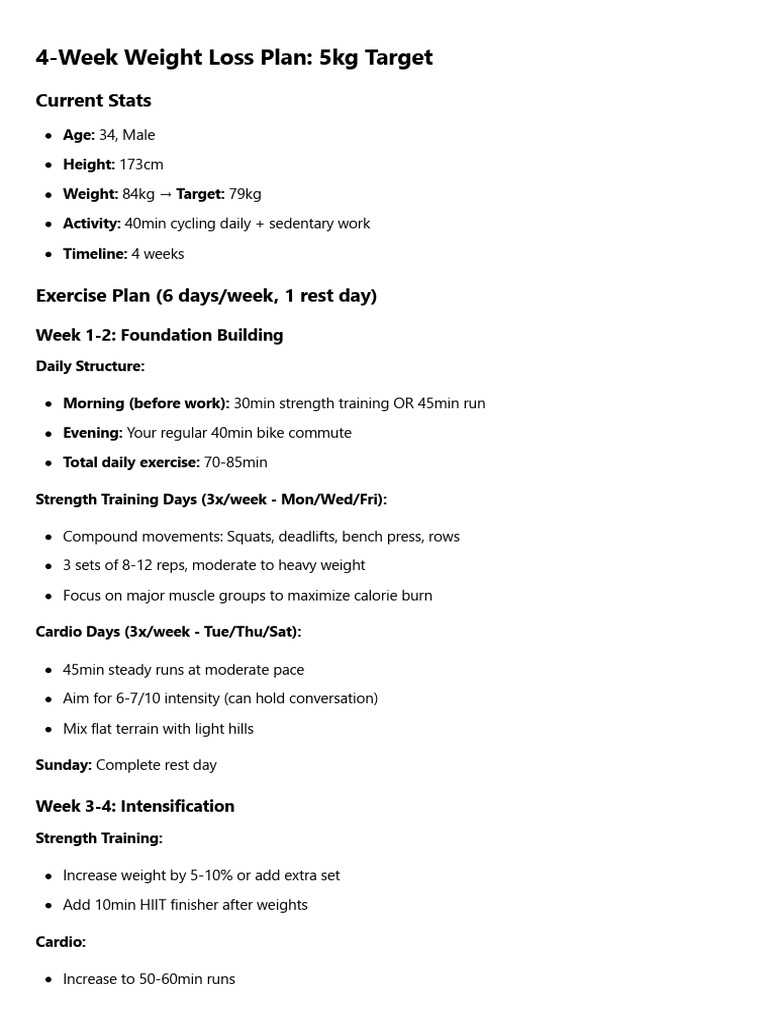4-Week Weight Loss Plan - 5kg Target | PDF | Strength Training | Lunch