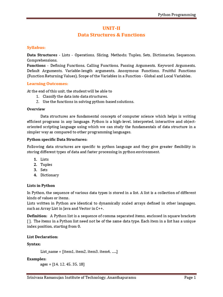 Unit-II Data Structures - Functions | PDF | Data Type | Parameter (Computer Programming)
