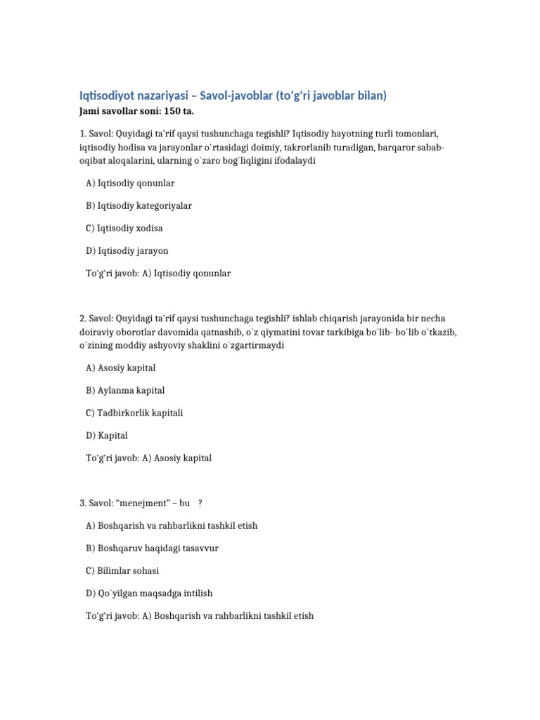 Iqtisodiyot Nazariyasi Savol Javob Togri Javoblar | PDF