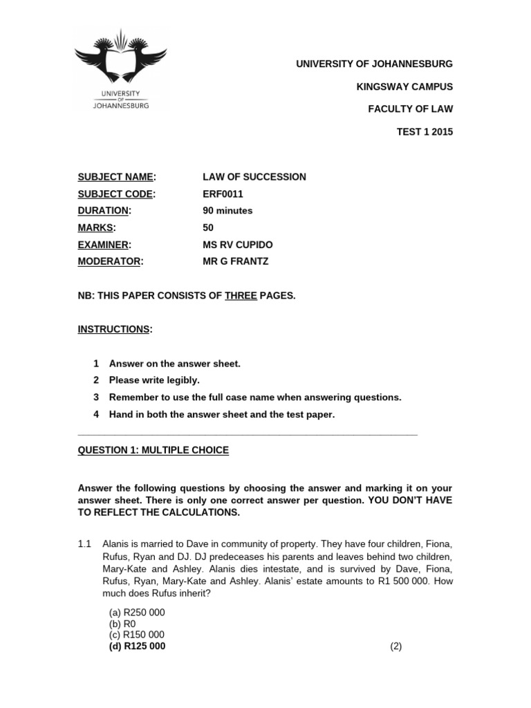 Succession Test 1 - Memorandum | PDF | Will And Testament | Property Law